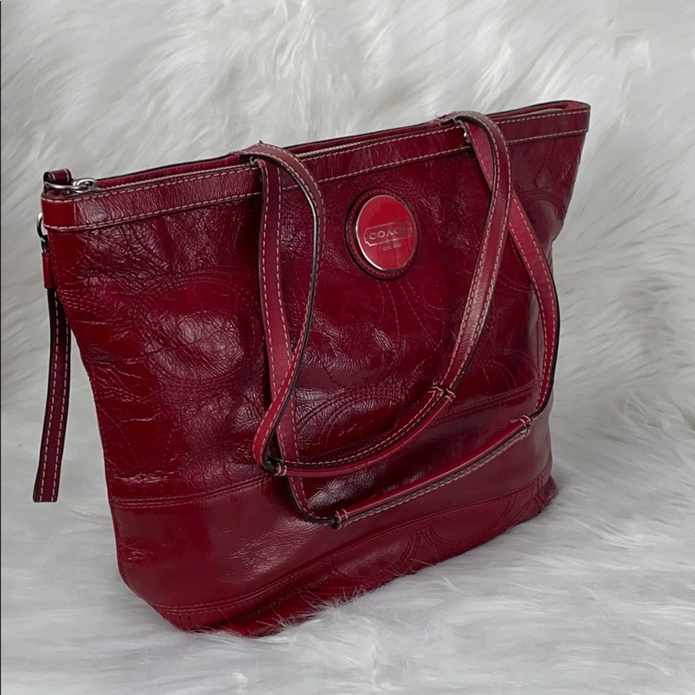 Coach Signature Red Patent Leather Tote Bag Purse - Gem